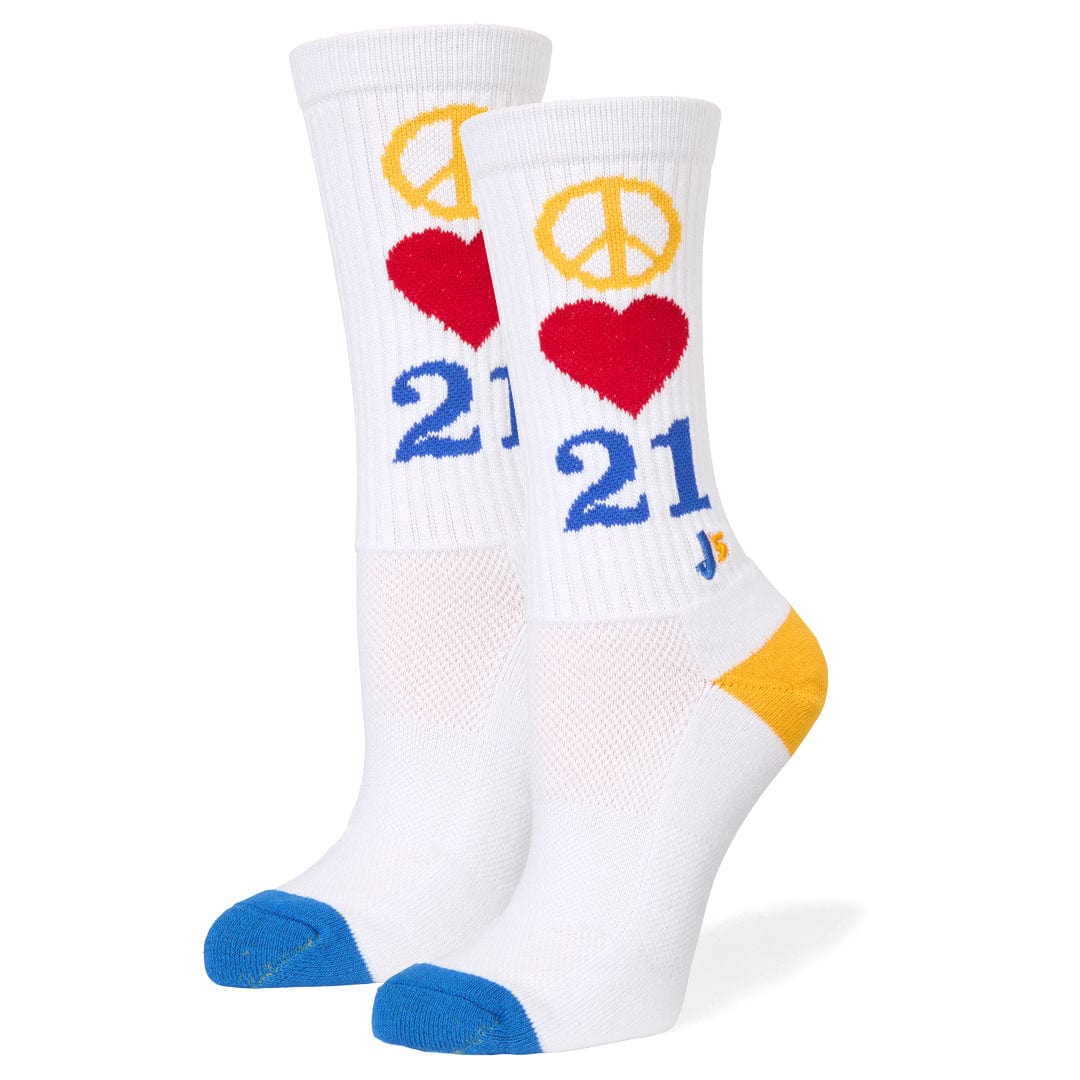 Peace Love 21 Crew Socks - White / Medium - Johns Crazy Socks
