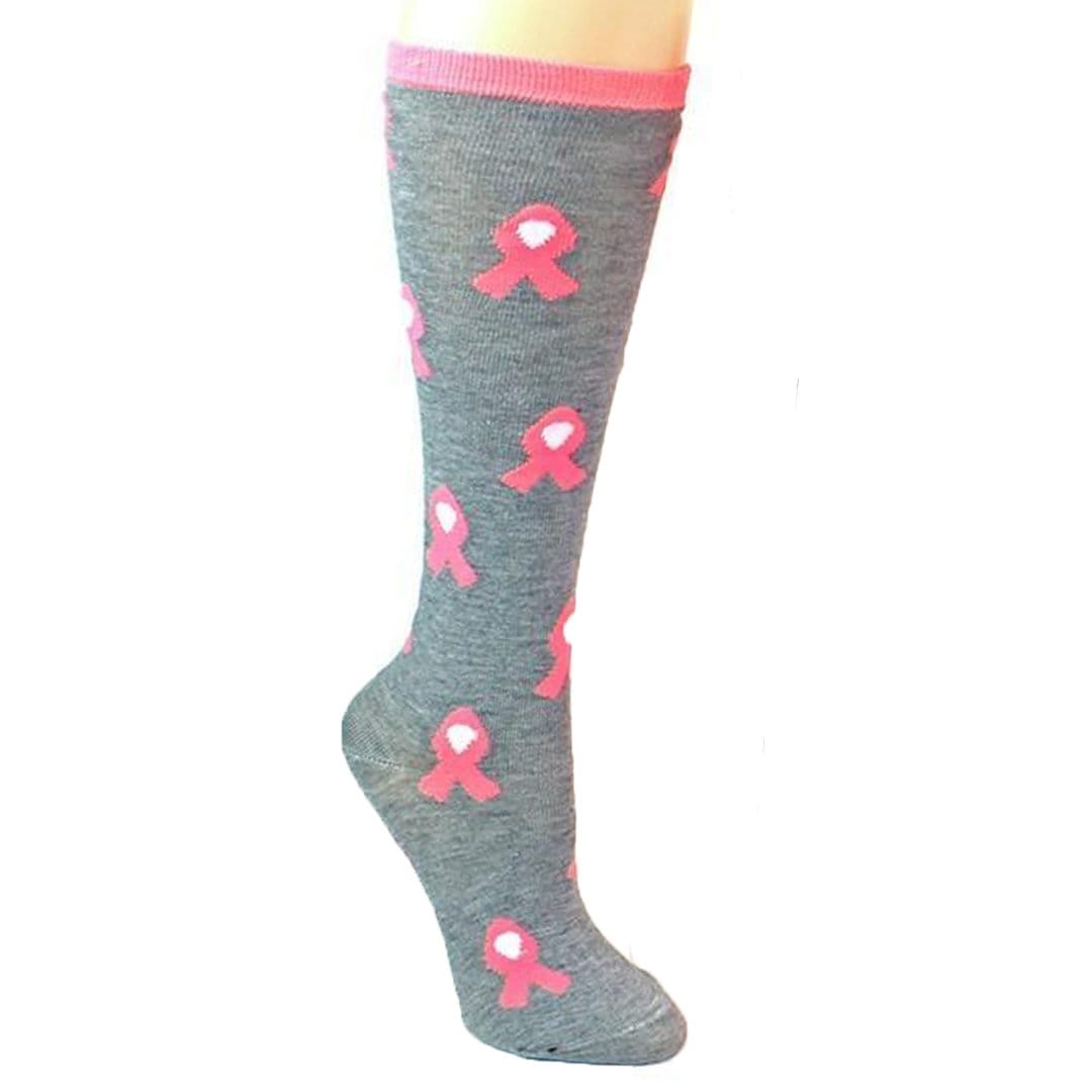 Breast Cancer Awareness Knee High Socks - Grey with Pink Ribbons / Grey ...
