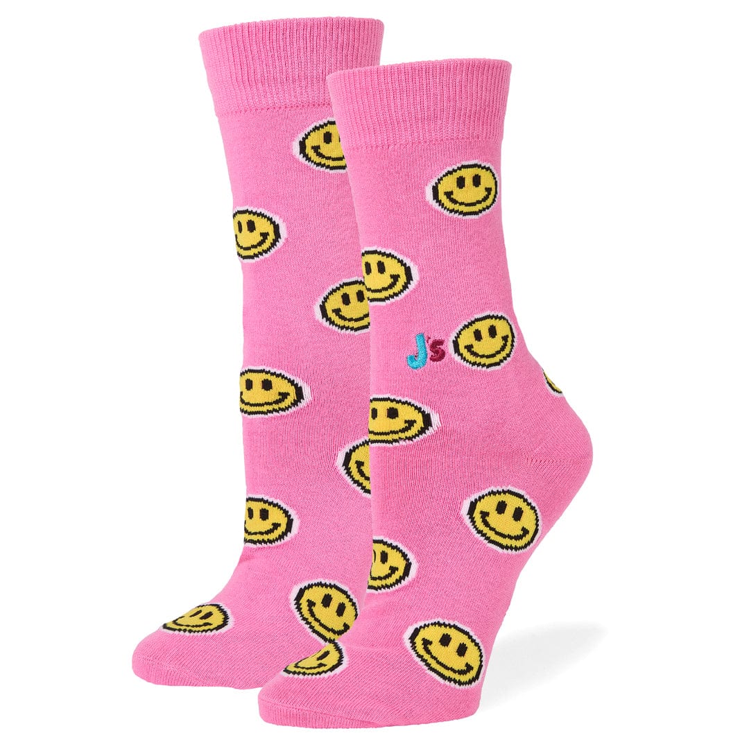 Smiley Face Pink Women's Crew Socks - Johns Crazy Socks
