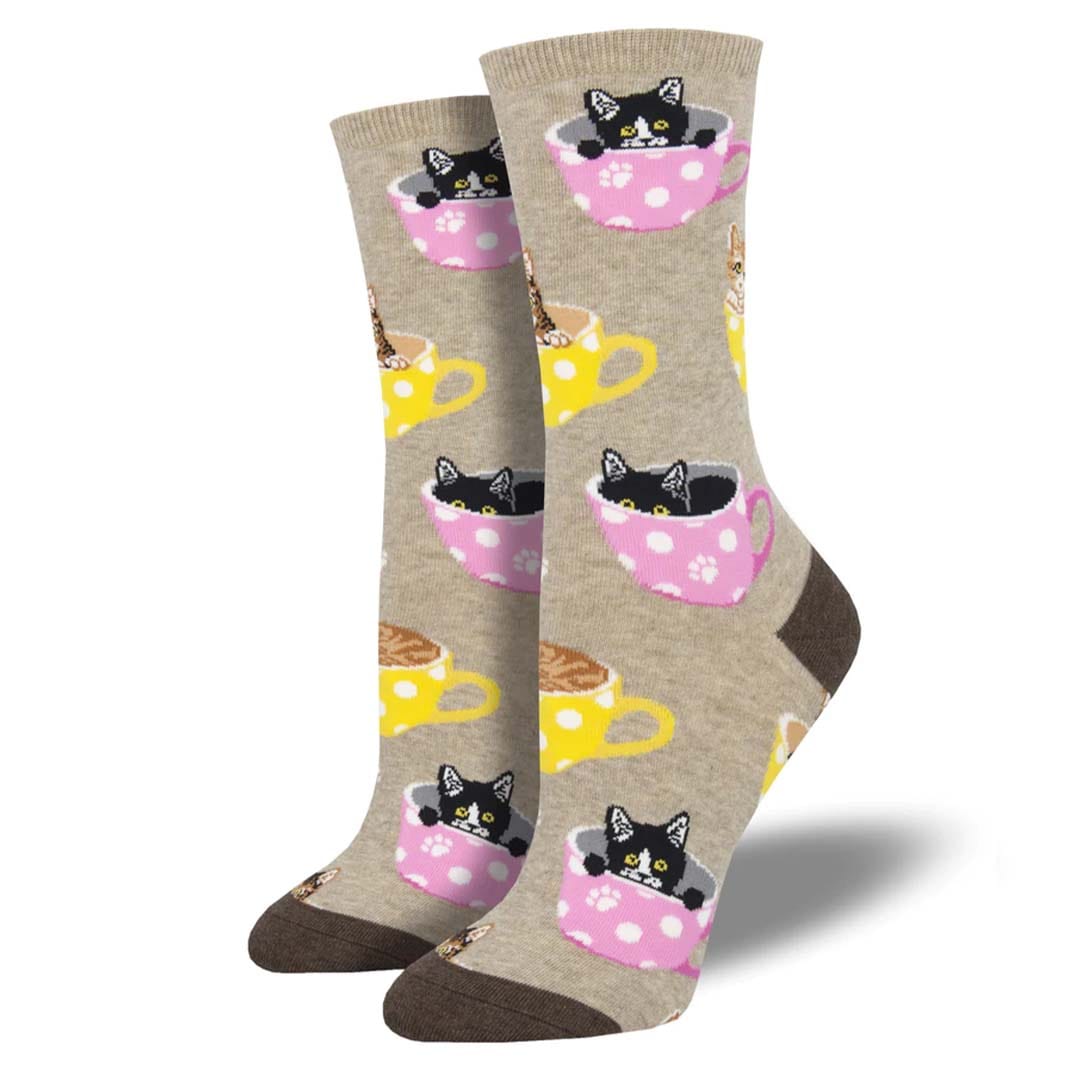 Cat-feinated Women's Crew Socks - Tan - Johns Crazy Socks