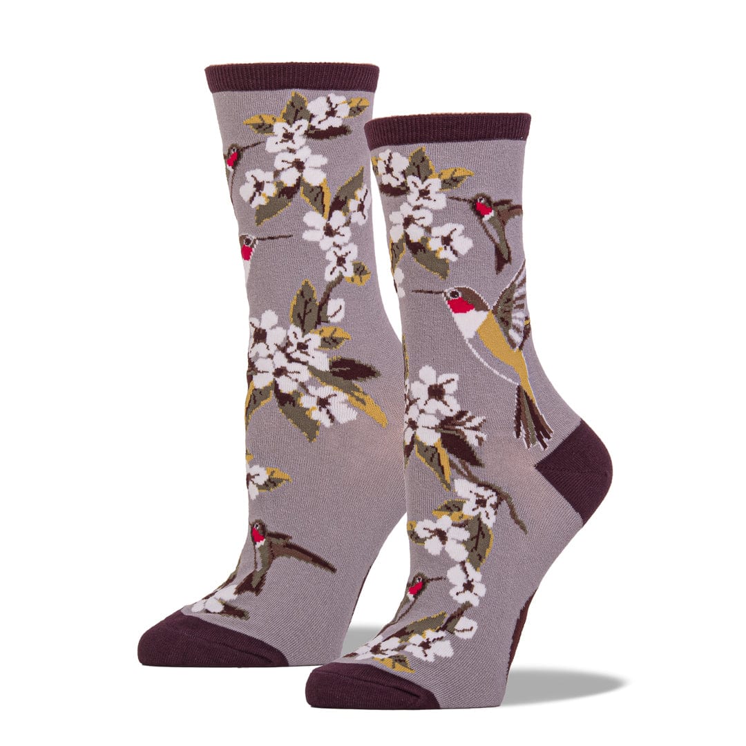 Hummingbird Garden Socks -- Crew Socks for Women - gray - Johns Crazy Socks