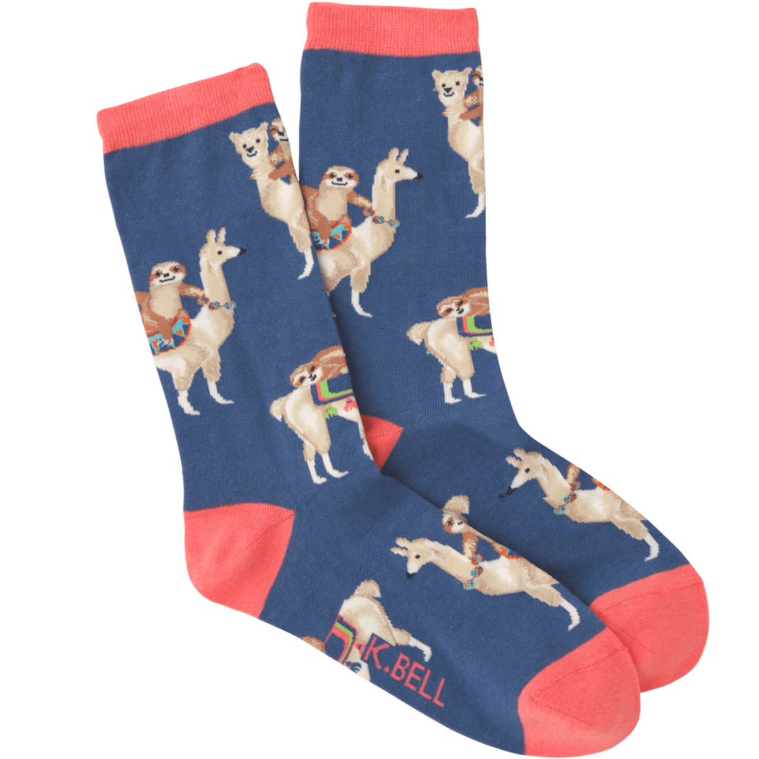 Sloths Riding Llamas Women's Crew Socks - Blue - Johns Crazy Socks